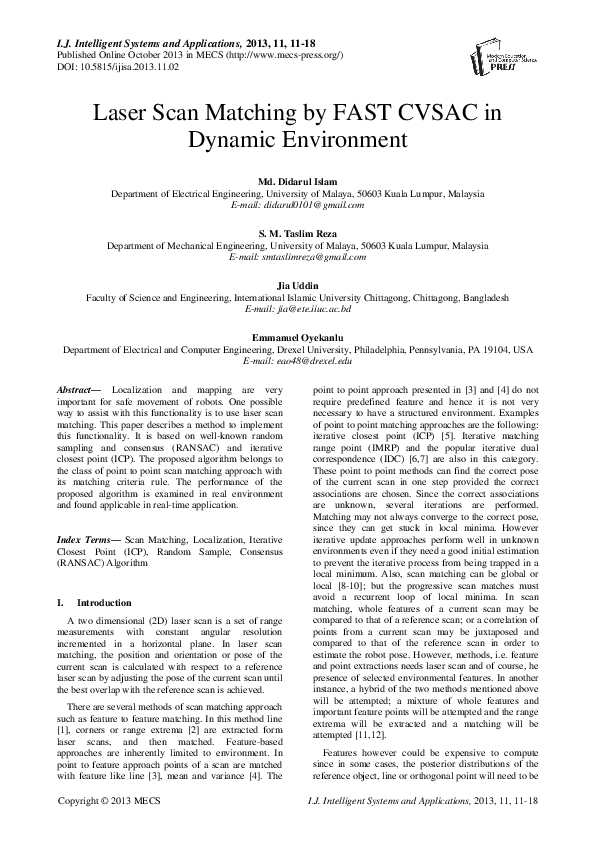 Pdf Laser Scan Matching By Fast Cvsac In Dynamic Environment