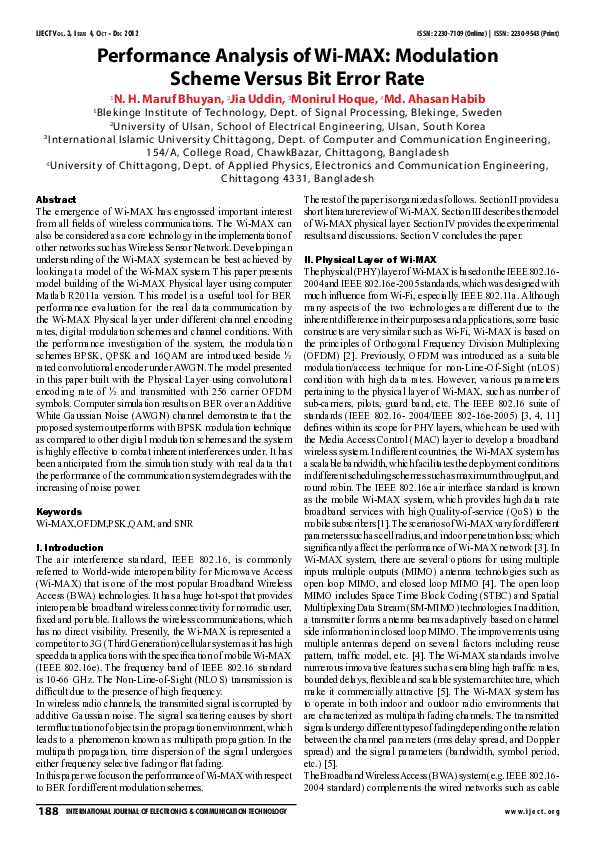 Pdf Performance Analysis Of Wi Max Modulation Scheme Versus Bit Error Rate Jia Uddin