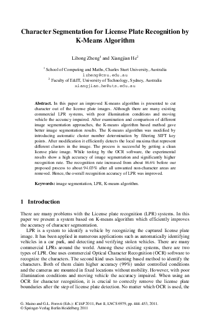 Pdf Character Segmentation For License Plate Recognition By K Means