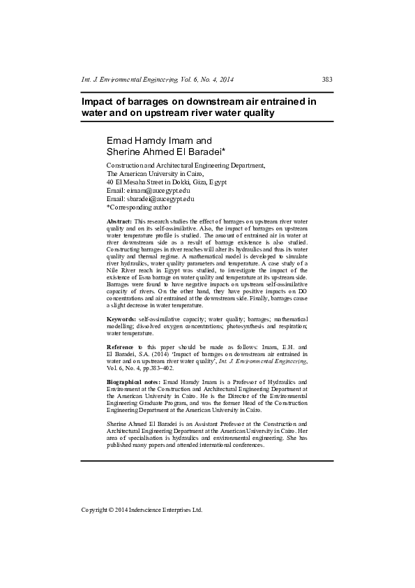 (PDF) Impact of barrages on downstream air entrained in water and on upstream river water quality