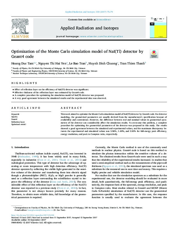 (PDF) Optimization of the Monte Carlo simulation model of NaI(Tl) detector by Geant4 code