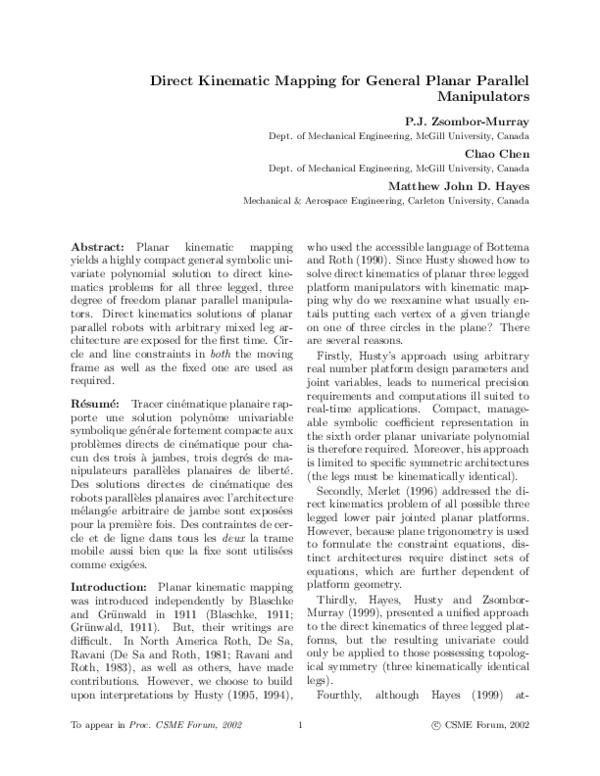(PDF) Direct Kinematic Mapping for General Planar Parallel Manipulators