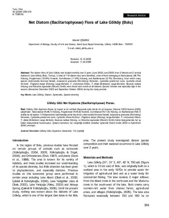 (PDF) Net Diatom (Bacillariophyceae) Flora of Lake Gölköy (Bolu)