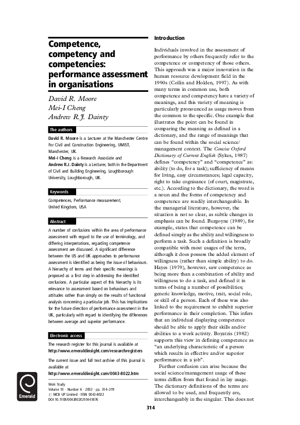 (PDF) Competence, competency and competencies: performance assessment ...