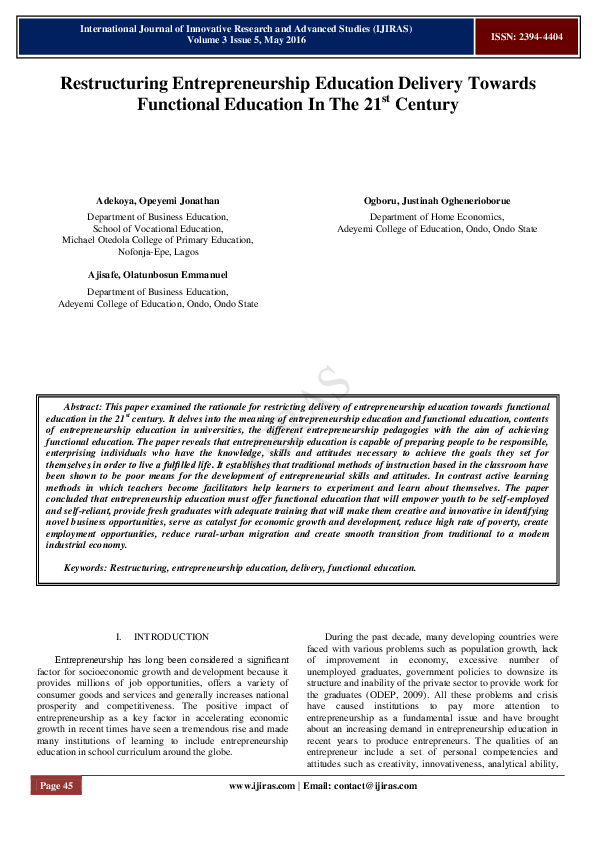 (PDF) Restructuring Entrepreneurship Education Delivery Towards ...