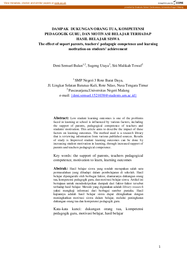 (PDF) Dampak Dukungan Orang Tua, Kompetensi Pedagogik Guru, Dan Motivasi Belajar Terhadap Hasil ...