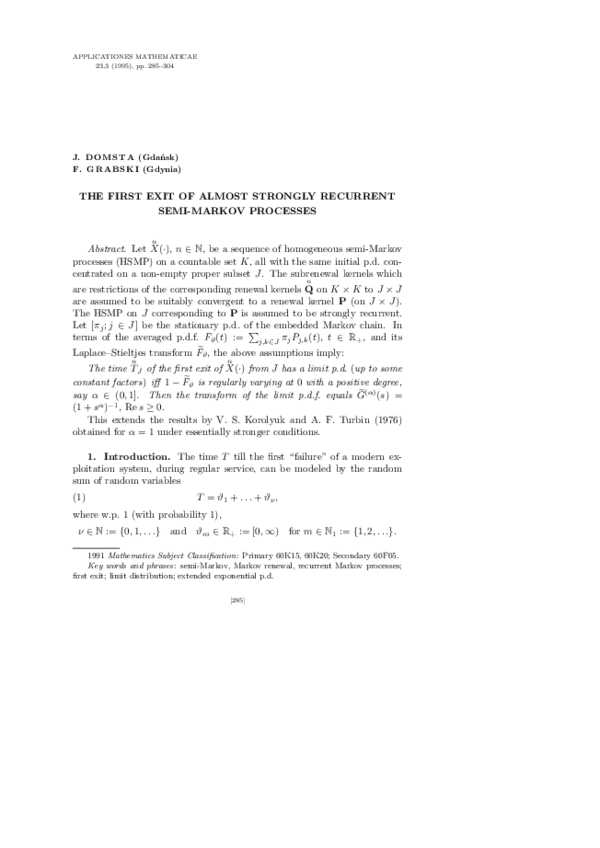Pdf The First Exit Of Almost Strongly Recurrent Semi Markov Processes
