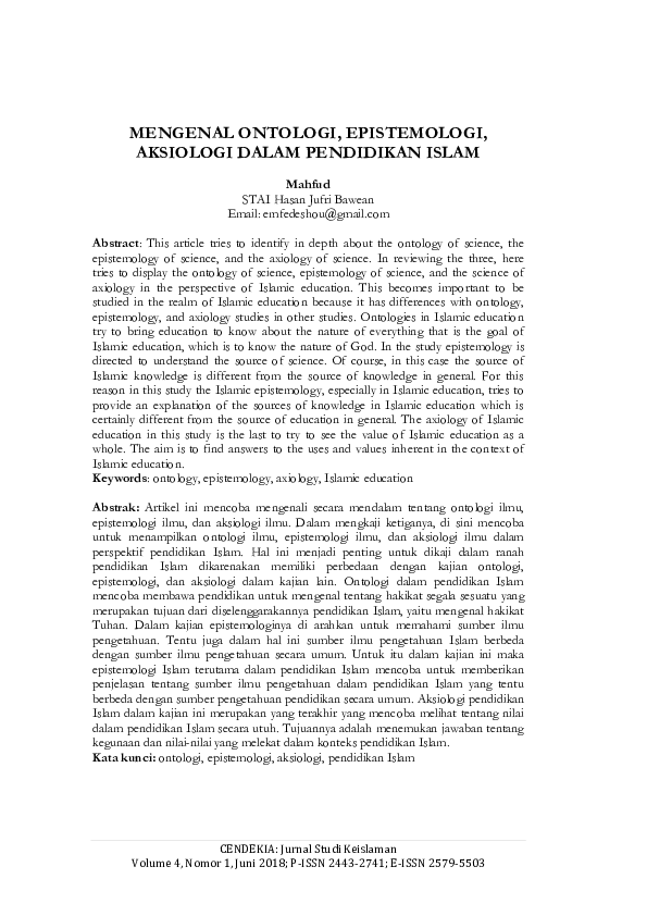 (PDF) Mengenal Ontologi, Epistemologi, Aksiologi Dalam Pendidikan Islam