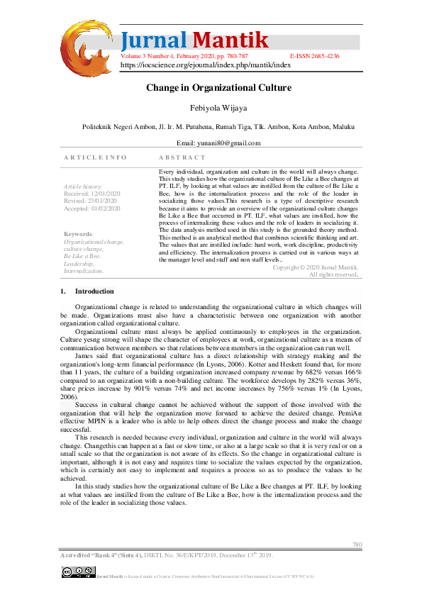 (PDF) Change in Organizational Culture: Change in Organizational Culture