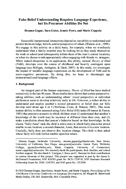 (PDF) False Belief Understanding Requires Language Experience