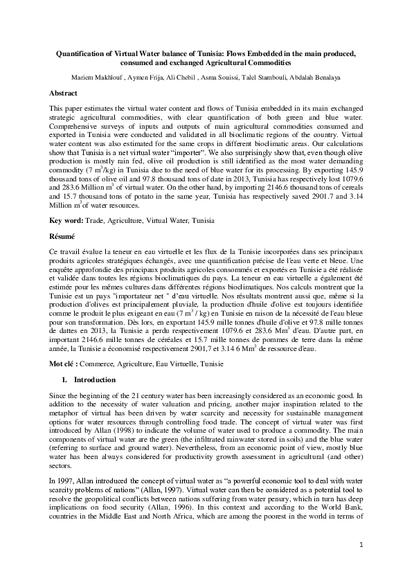 (PDF) Quantification of Virtual Water balance of Tunisia: Flows ...