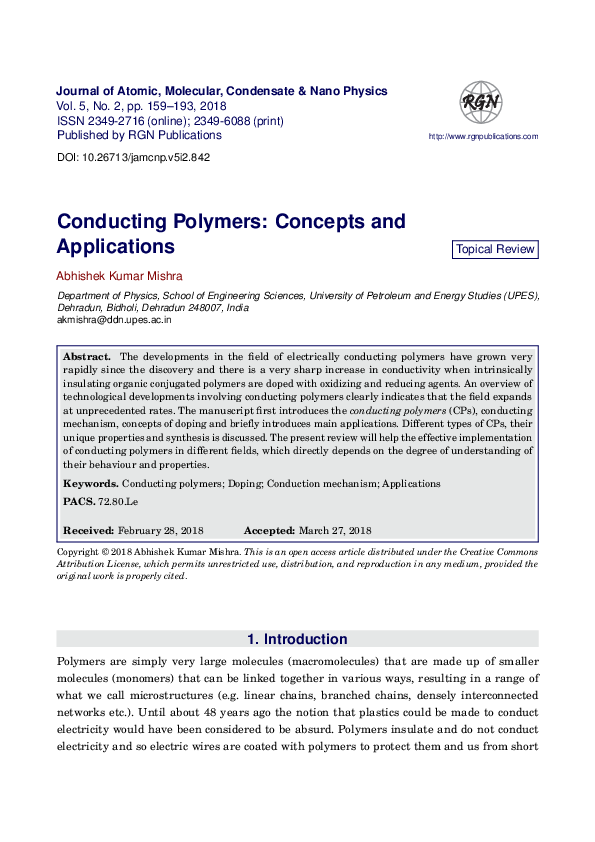 Pdf Conducting Polymers Concepts And Applications