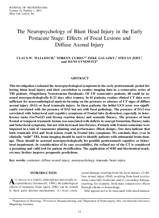 (PDF) The Neuropsychology of Blunt Head Injury in the Early Postacute ...