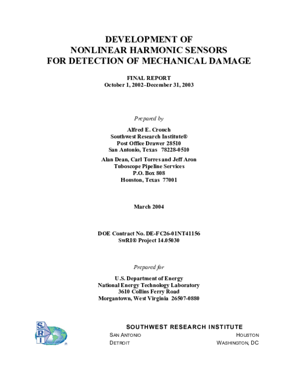 (PDF) Development of Nonlinear Harmonic Sensors for Detection of Mechanical Damage