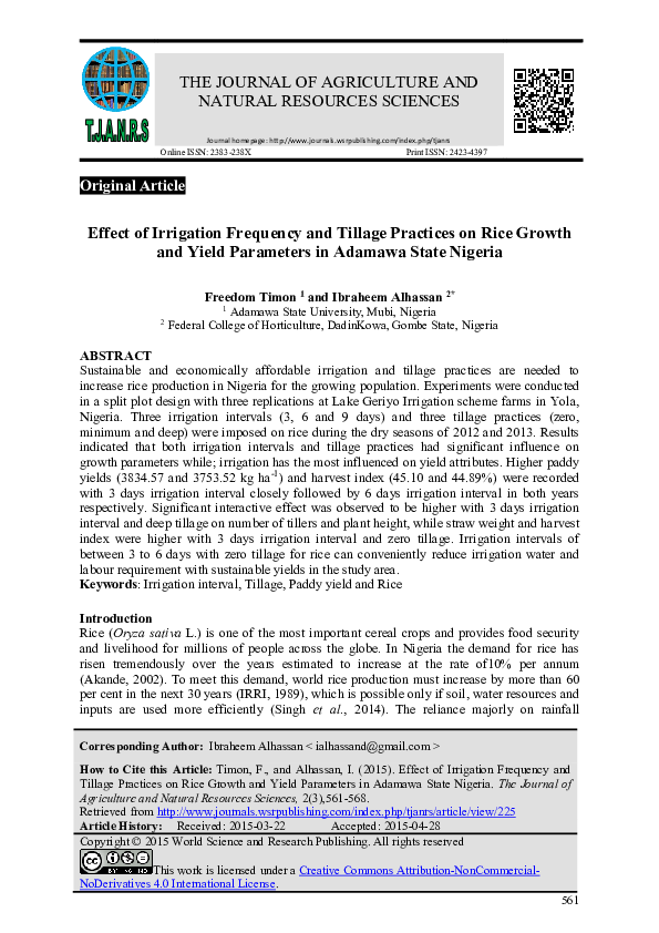 Pdf Effect Of Irrigation Frequency And Tillage Practices On Rice Growth And Yield Parameters