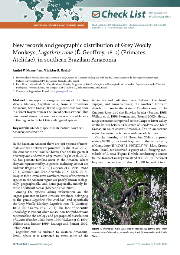 (PDF) New records and geographic distribution of Grey Woolly Monkeys ...
