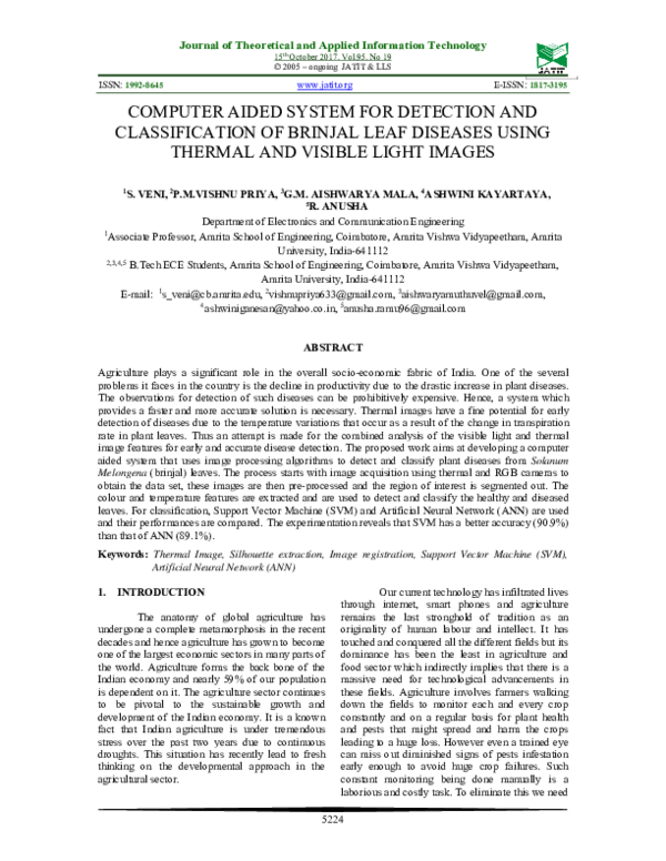 Pdf Computer Aided System For Detection And Classification Of Brinjal Leaf Diseases Using