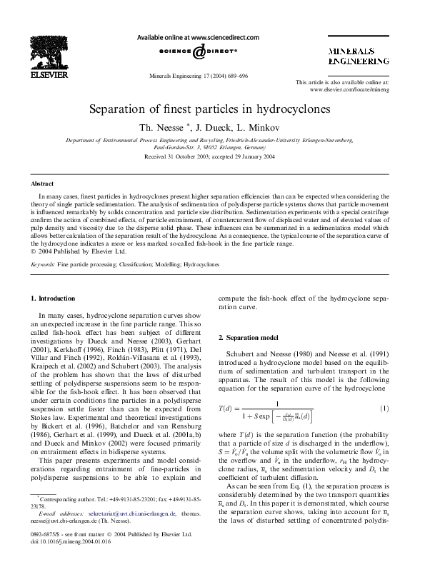 (PDF) Separation of finest particles in hydrocyclones
