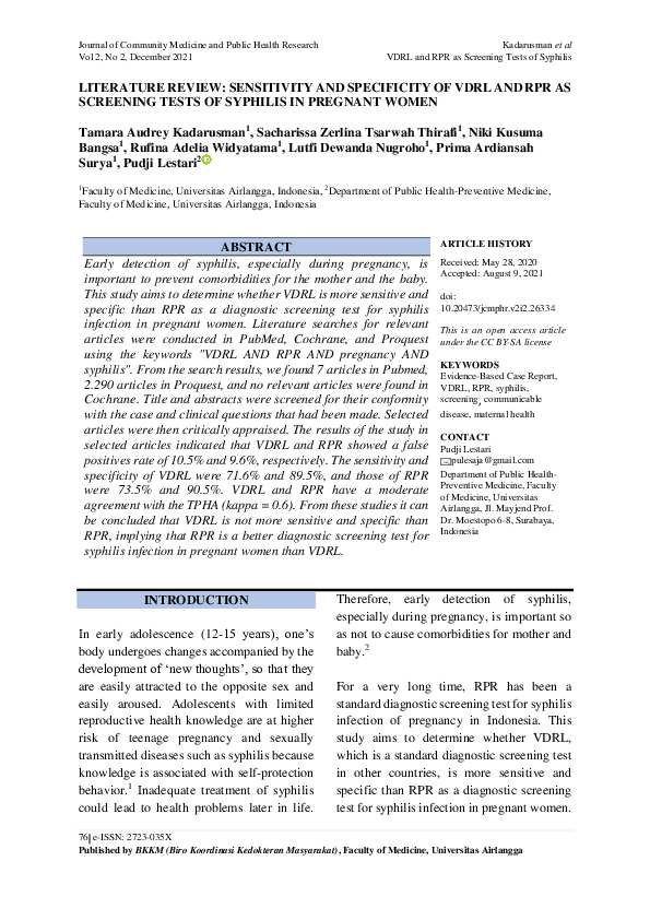 (PDF) Literature Review: Sensitivity and Specificity of VDRL and RPR as ...