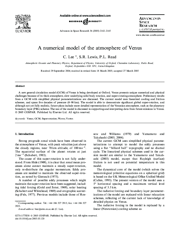 (PDF) A numerical model of the atmosphere of Venus