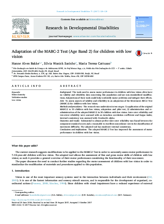 (PDF) Adaptation of the MABC-2 Test (Age Band 2) for children with low ...