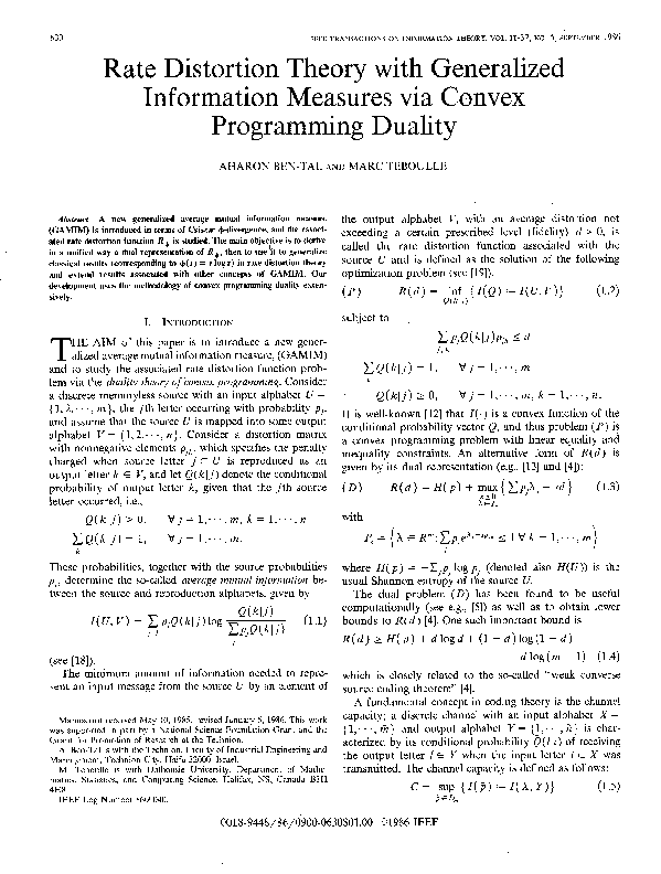 (PDF) Rate distortion theory with generalized information measures via convex programming duality