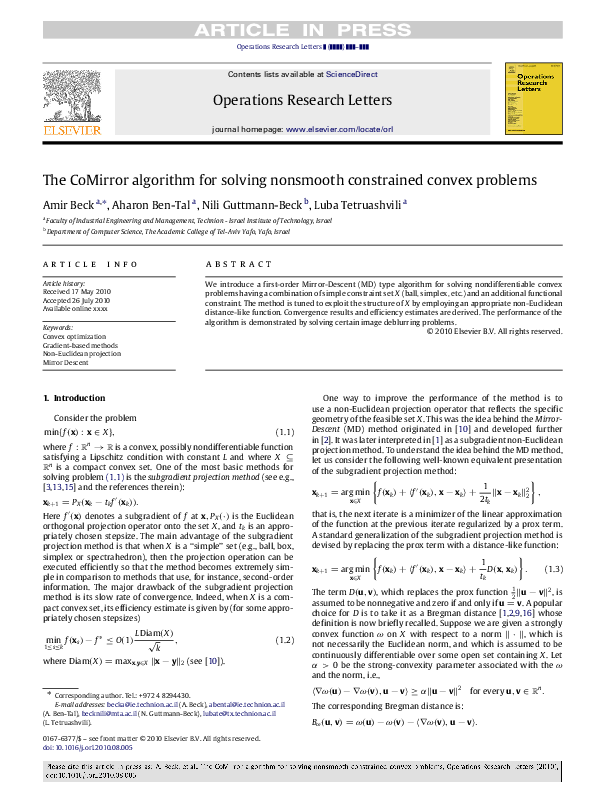 The Comirror Algorithm For Solving Nonsmooth Constrained Convex Problems 3006