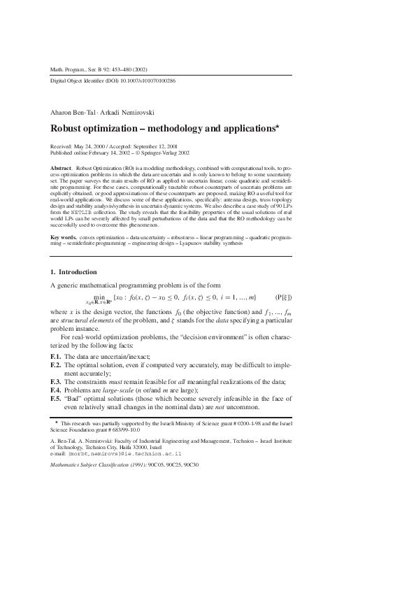 Pdf Robust Optimization Methodology And Applications