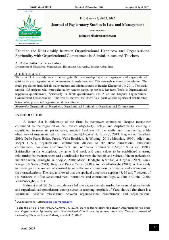 Pdf Examine The Relationship Between Organizational Happiness And Organizational Spirituality