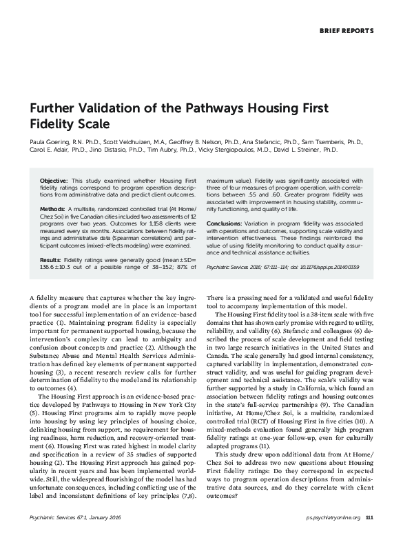 (PDF) Further Validation of the Pathways Housing First Fidelity Scale