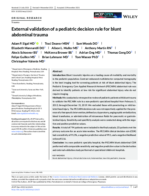 (PDF) External validation of a pediatric decision rule for blunt abdominal trauma