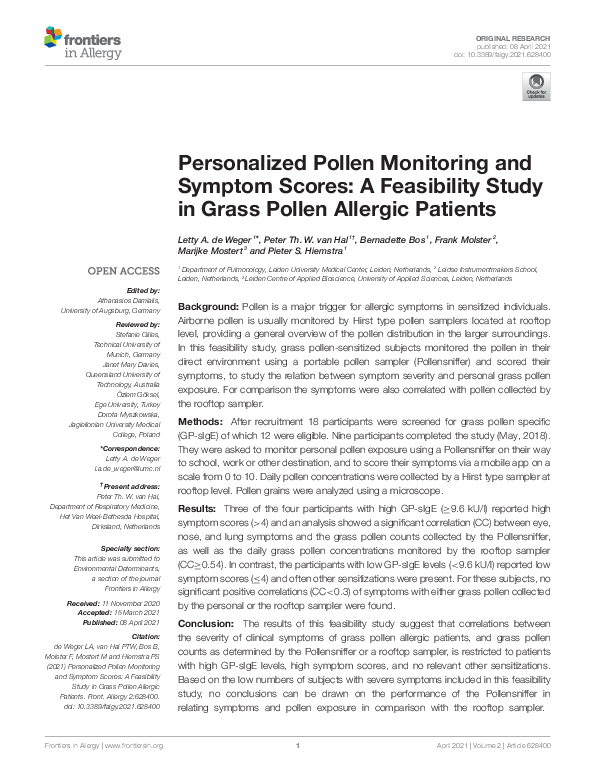 (PDF) Personalized Pollen Monitoring and Symptom Scores: A Feasibility ...