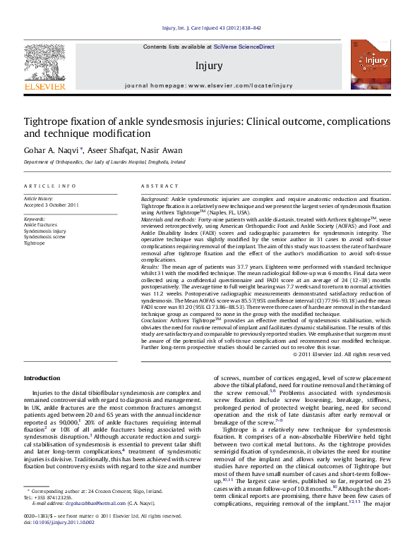 (PDF) Tightrope fixation of ankle syndesmosis injuries: Clinical ...