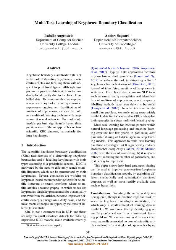 (PDF) Multi-Task Learning of Keyphrase Boundary Classification | Anders ... (PDF) Multi-Task Learning of Keyphrase Boundary Classification | Anders ...