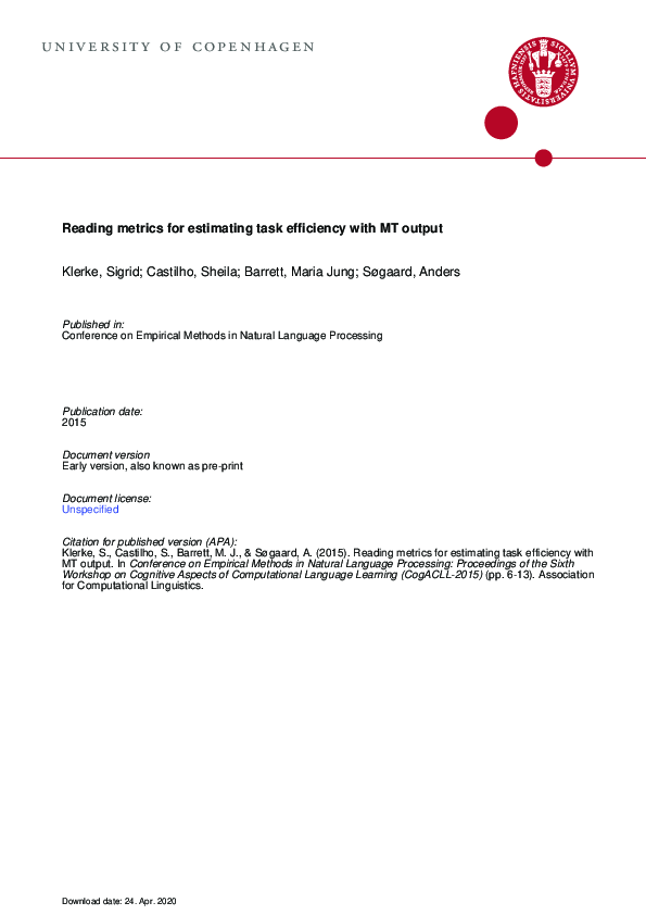 Pdf Reading Metrics For Estimating Task Efficiency With Mt Output