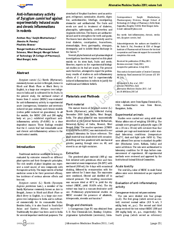 (PDF) Anti-inflammatory activity of Syzygium cumini bark