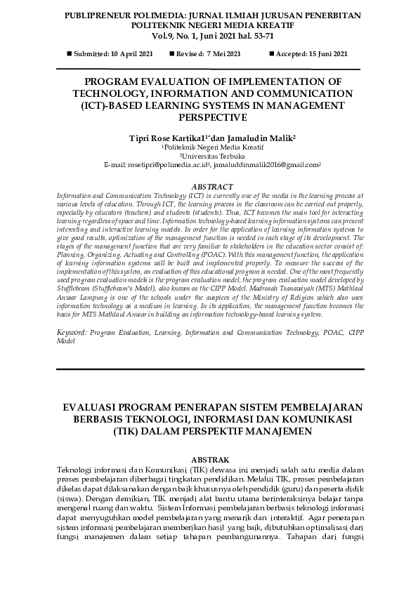 (PDF) Program Evaluation of Implementation of Technology, Information and Communication (Ict ...