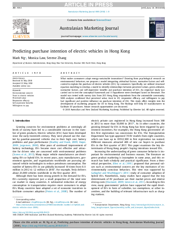(PDF) Predicting Purchase Intention of Electric Vehicles in Hong Kong
