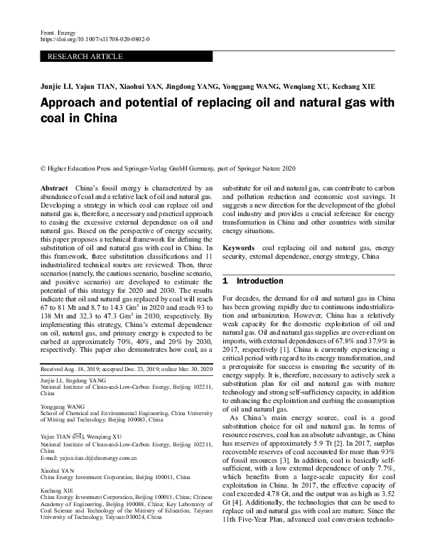 (PDF) Replacing Oil and Gas with Coal in China