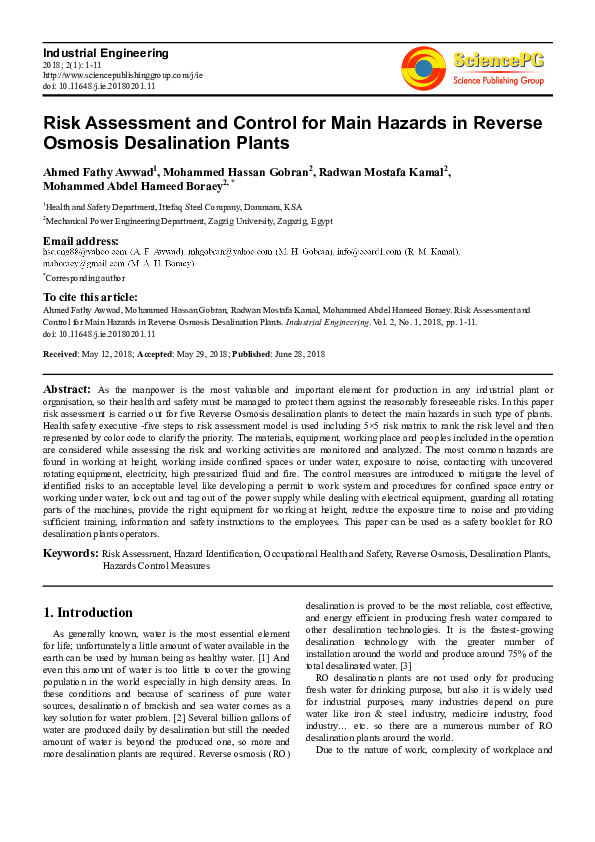 (PDF) Risk Assessment and Control for Main Hazards in Reverse Osmosis ...