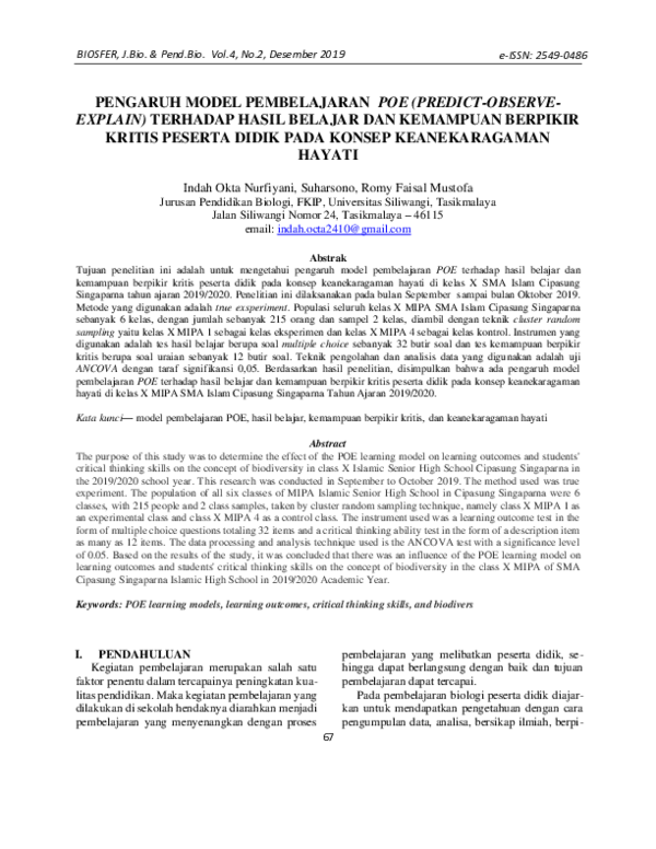 (PDF) Pengaruh Model Pembelajaran Poe(Predict-Observe-Explain) Terhadap Hasil Belajar Dan ...