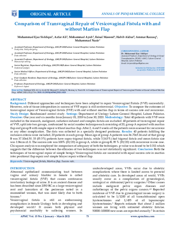 (PDF) Comparison of Transvaginal Repair of Vesicovaginal Fistula with ...