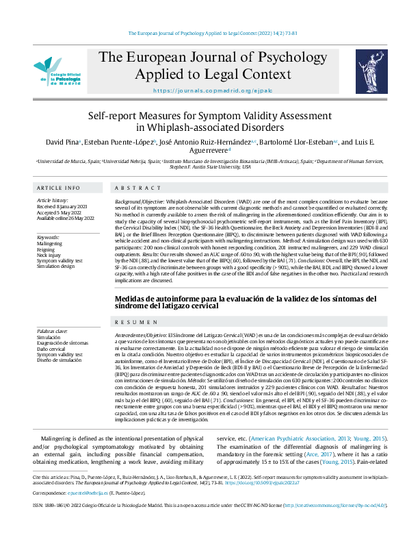 (PDF) Self-report Measures for Symptom Validity Assessment in Whiplash-associated Disorders