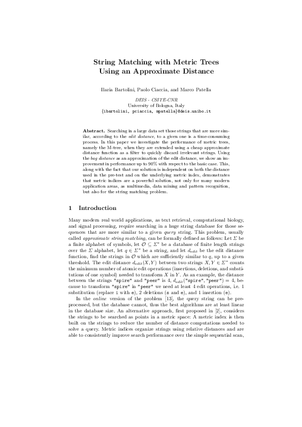 Pdf String Matching With Metric Trees Using An Approximate Distance