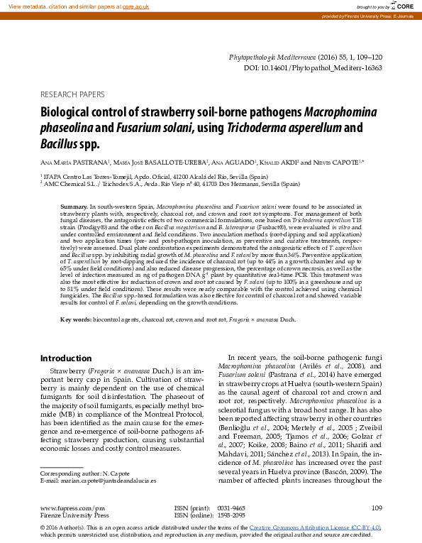 (PDF) Biological control of strawberry soil-borne pathogens Macrophomina phaseolina and Fusarium ...