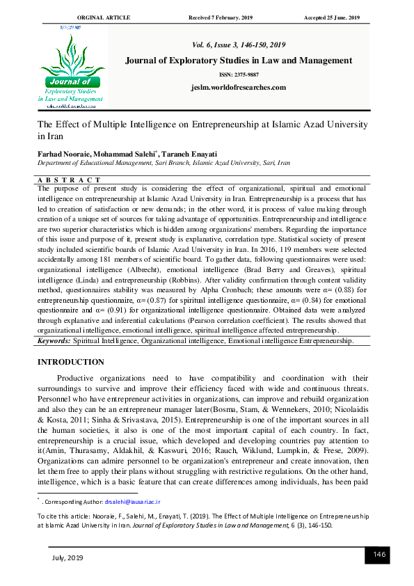 (PDF) The Effect of Multiple Intelligence on Entrepreneurship at ...