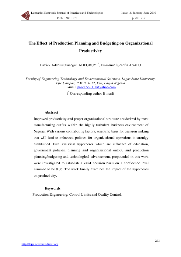 (PDF) The Effect of Production Planning and Budgeting on Organizational ...