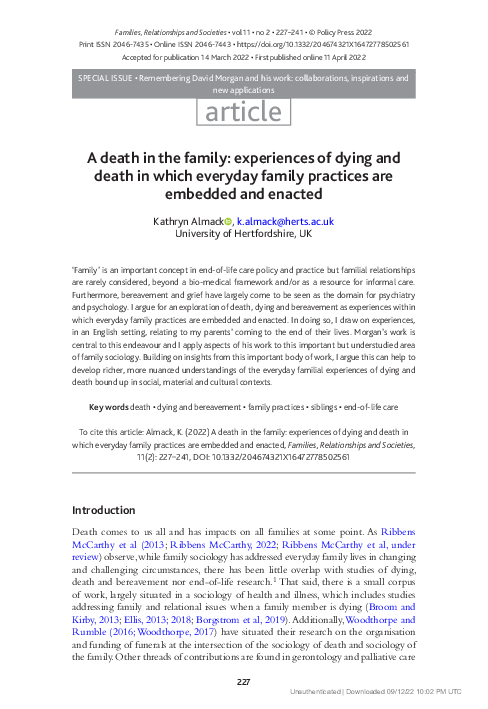 (PDF) A death in the family: experiences of dying and death in which ...