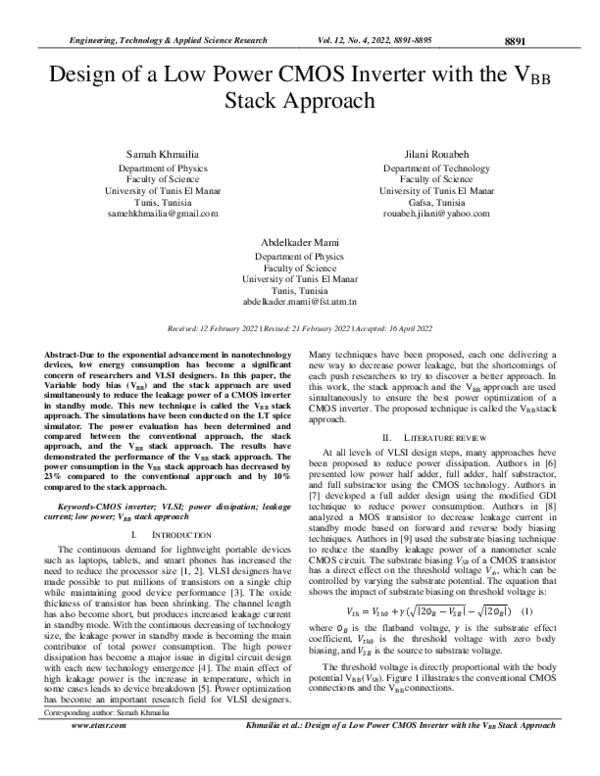 (PDF) Design of a Low Power CMOS Inverter with the VBB Stack Approach