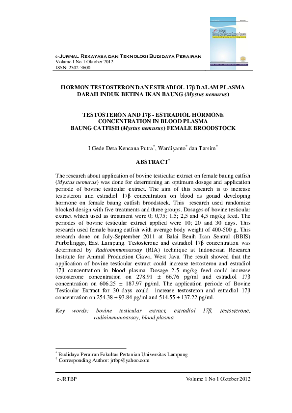 (PDF) Hormon Testosteron Dan Estadiol 17ß Dalam Plasma Darah Induk ...
